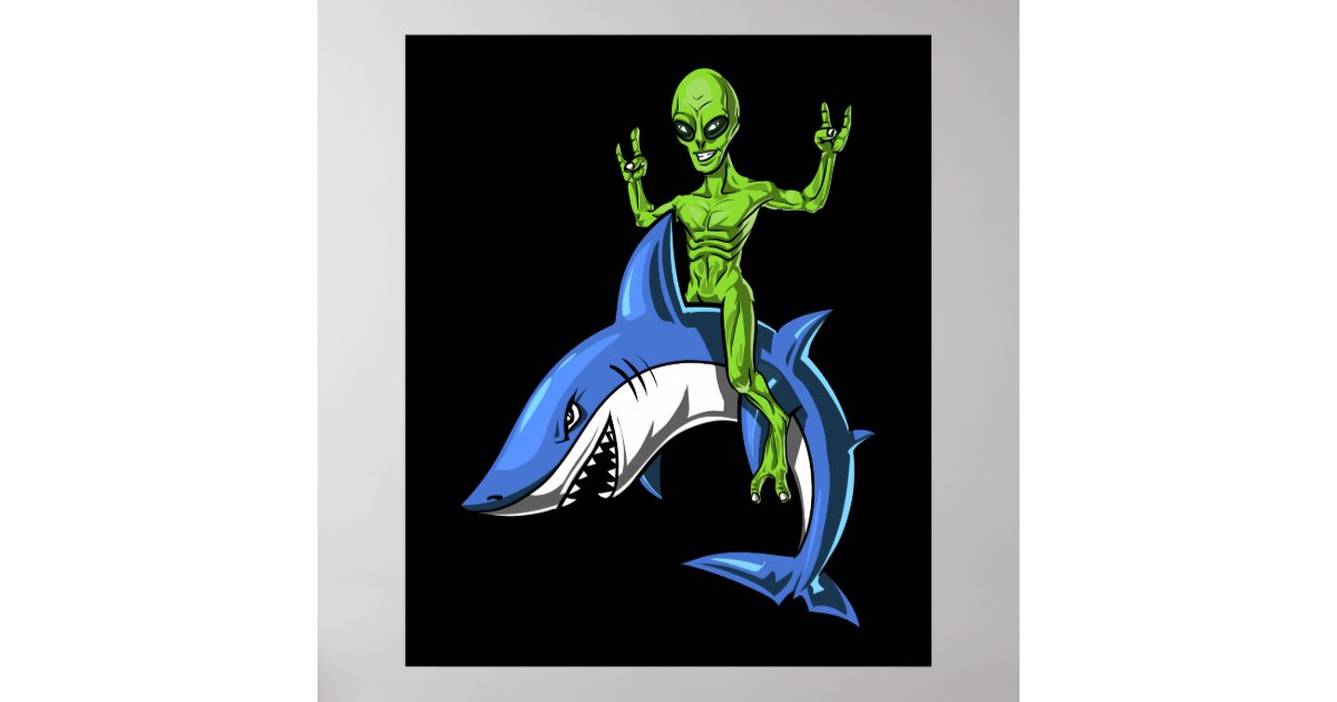 Alien Riding Shark Space UFO Poster | Zazzle.be