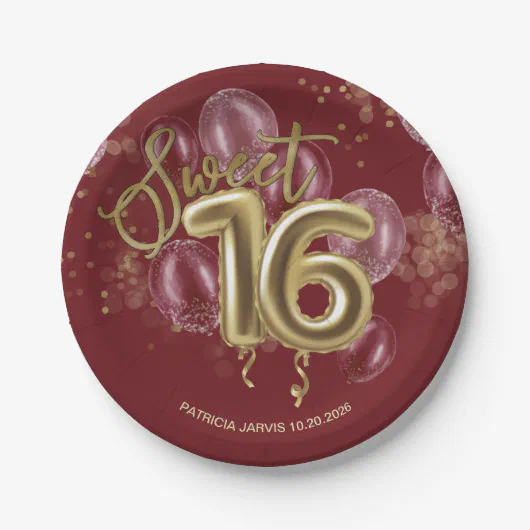 Assiettes En Carton Gold Foil Sweet 16 Ballons d'anniversaire Bourgogn ...