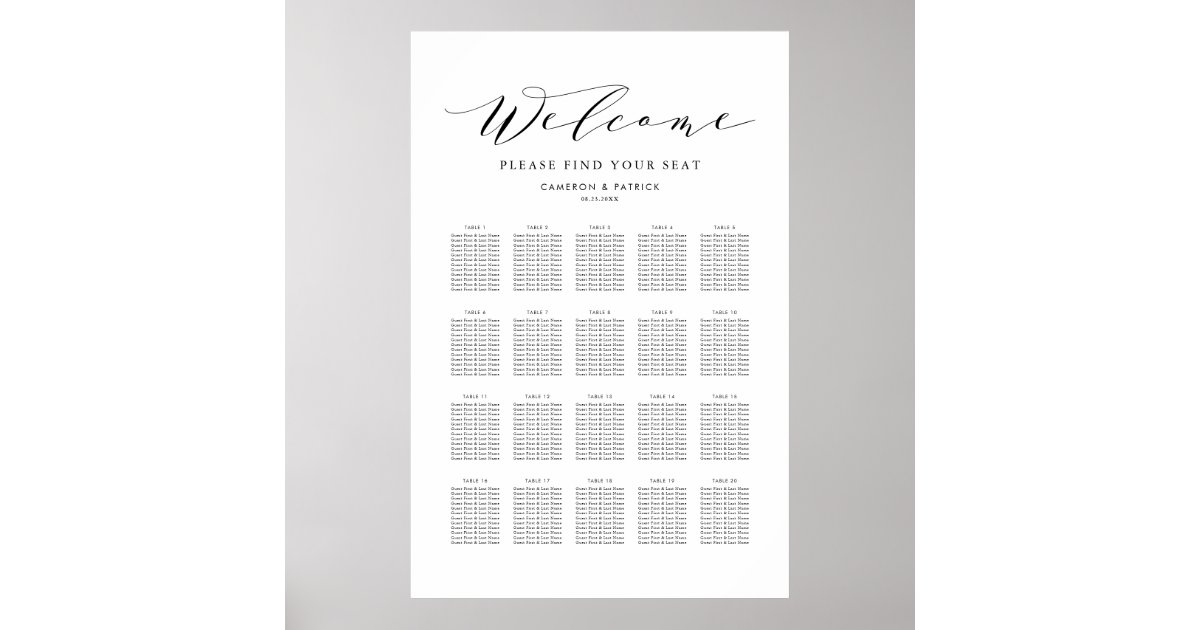 Black Dainty Script Wedding Seating Chart Poster | Zazzle.be