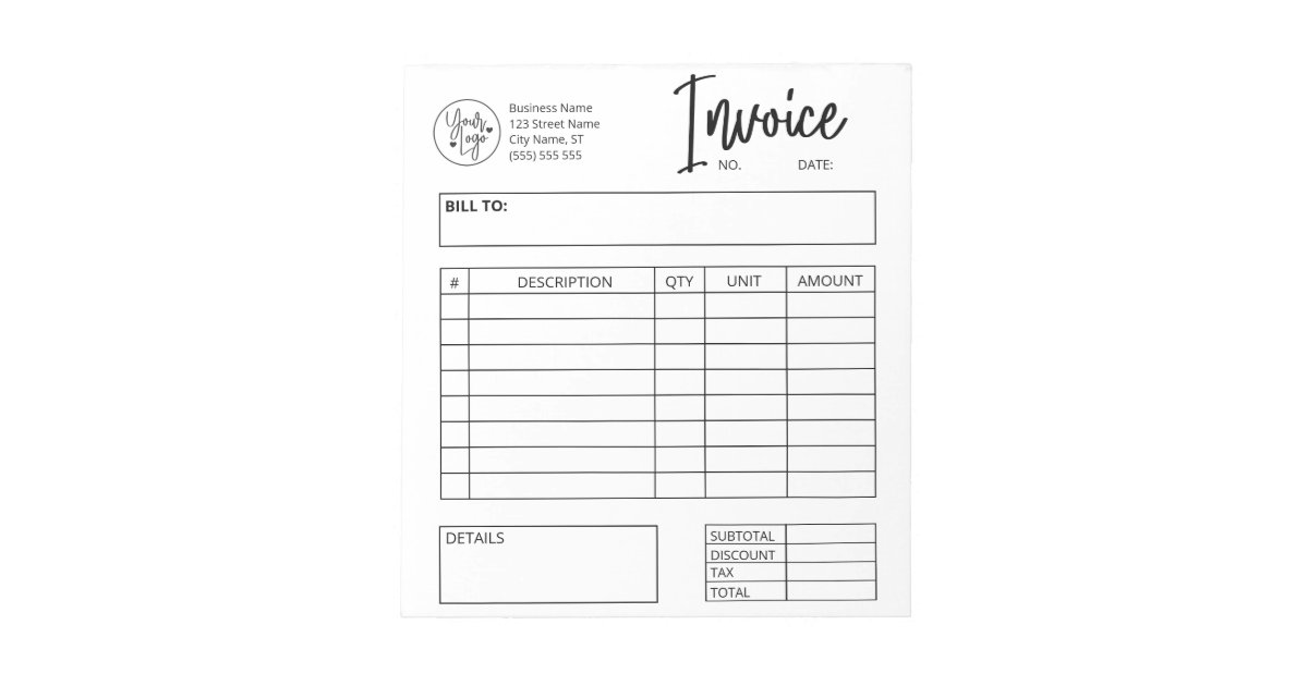 Bloc-note Formulaire de commande de facture Logo personnalis | Zazzle.be