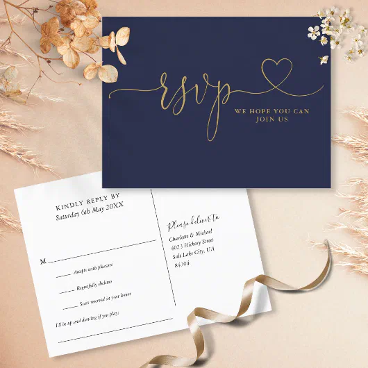 Carte de réponse RSVP Navy et cœur en or écriture | Zazzle.be