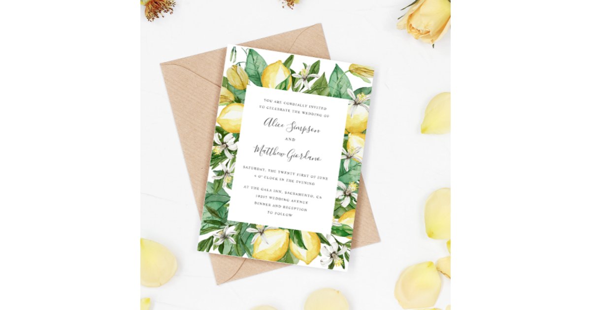 Invitation Citron Citrus peint et mariage feuille aquarelle | Zazzle.be