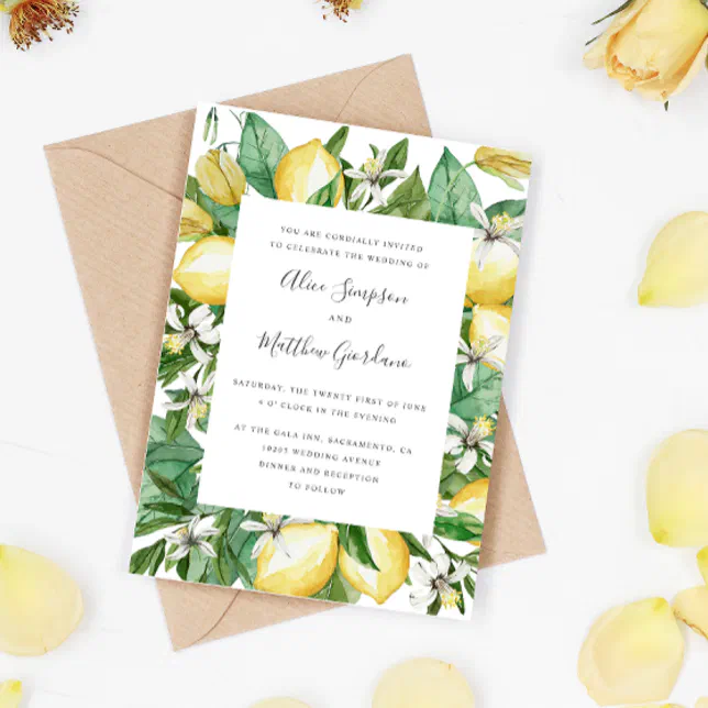 Invitation Citron Citrus peint et mariage feuille aquarelle | Zazzle.be