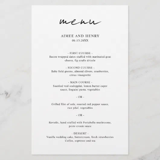 Menu de mariage moderne écriture rustique | Zazzle.be