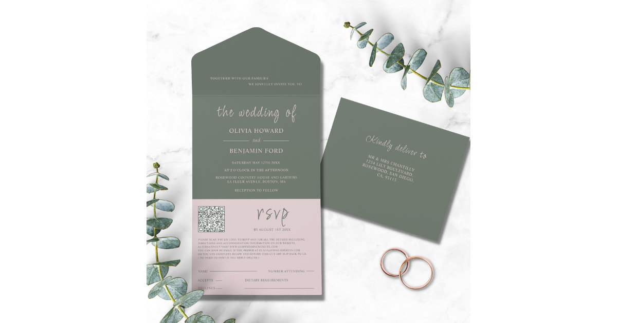 Moderne Blush & Moss QR Code All In One Invitation | Zazzle.be