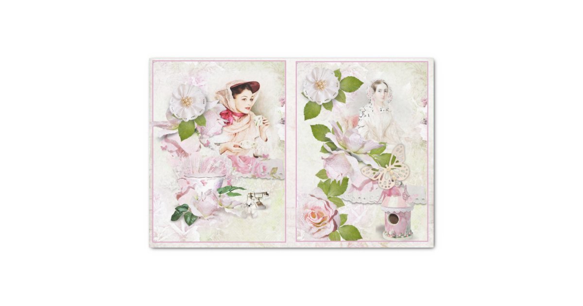 Papier Mousseline Thé vintage Rose Floral Bird House Découpage | Zazzle.be