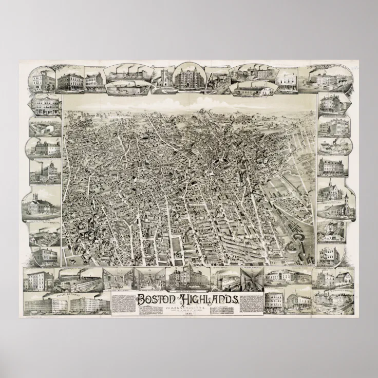 Pictorial Map of the Boston Suburbs (1888) Poster | Zazzle.be