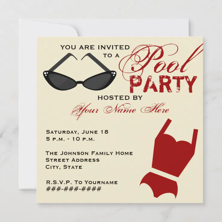 Retro Pool Party Invitation Swimsuit & zonnebrille Kaart | Zazzle.be