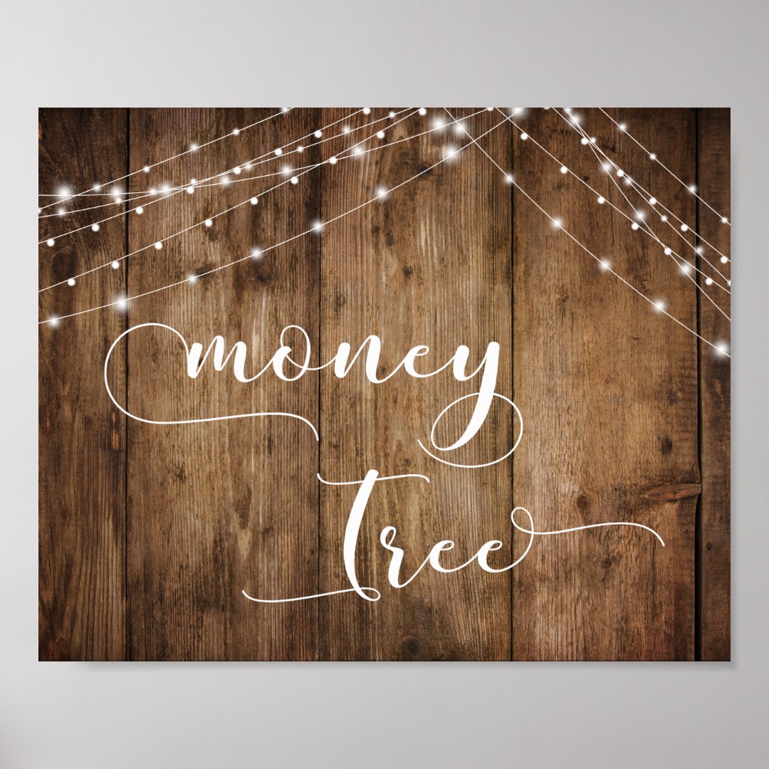 Rustic Wood and Lights Wedding Money Sign Poster | Zazzle.be