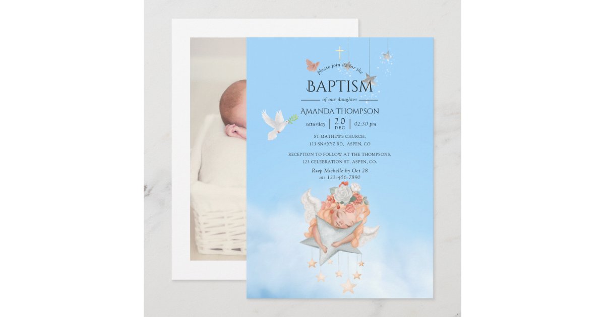 Watercolor Girl Angel Baptême Photo Invitation | Zazzle.be